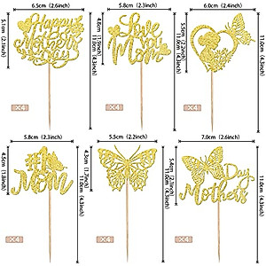24 PCS Happy Mother's Day Cupcake Toppers Glitter Heart #1 Mom Butterfly Love You Mom Cupcake Picks for Happy Mother's Day Theme Women Birthday Party Cake Decorations Supplies Gold