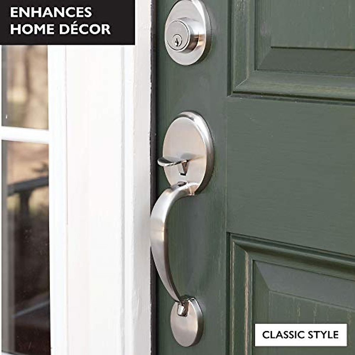 Ilyapa Front Entry Door Exterior Handleset - Classic, Satin Nickel Low Profile Door Lock Set Handle with Single Cylinder Deadbolt and Halifax Lever