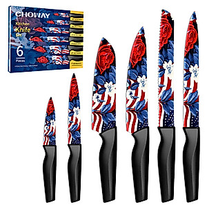 Knife Set, 6-Piece Kitchen Knife Set, German Stainless Steel, Dishwasher Safe, Beautiful Unique Gifts, Freedom, Equality and Justice Patterns