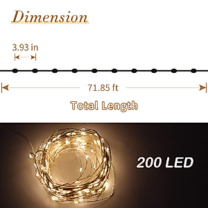 YiShine 200 LED Solar Wire Lights 72FT String Fairy Lights with 8 Modes Outdoor Waterproof Warm White Lights for Home Garden Patio Wedding and Party Bright Light Festival Decoration