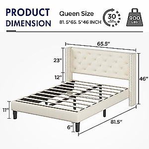 Lonkwa Queen Size Bed Frame with Upholstered Wingback, Beige Platform Bed Frame with Headboard Tufted Diamond Button, Sturdy Wooden Slats, Noise-Free, Easy Assembly