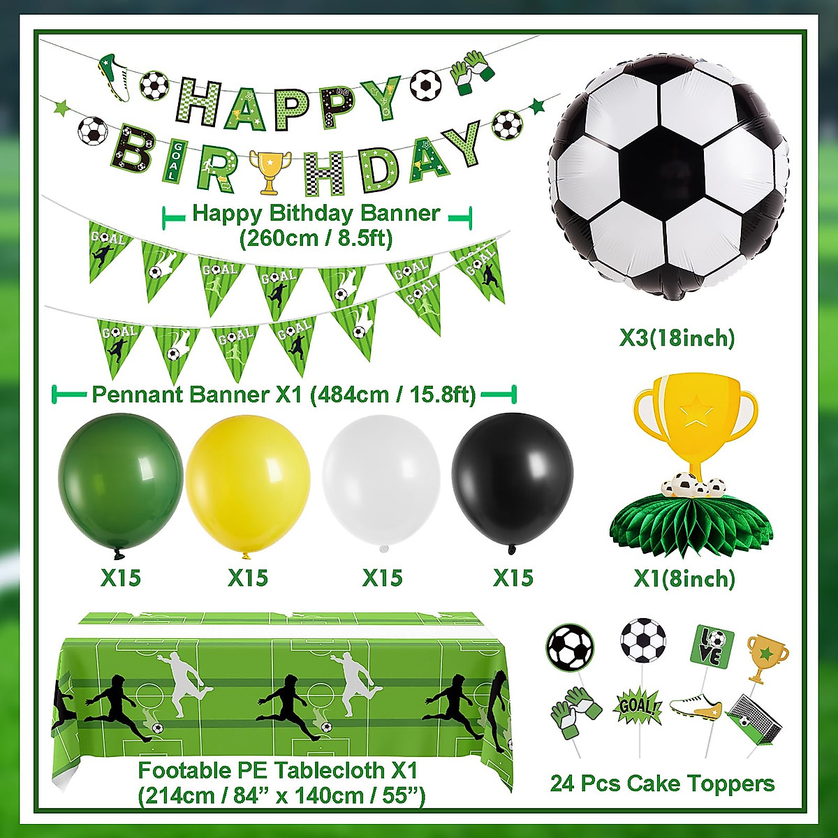 Homarkable Soccer Party Decorations, 91 Pcs Soccer Birthday Decorations Party Supplies with 24 Pcs Soccer Cake Toppers, Soccer Balloons, Tablecloth (84” x 55’) Happy Birthday Banner and Centerpiece