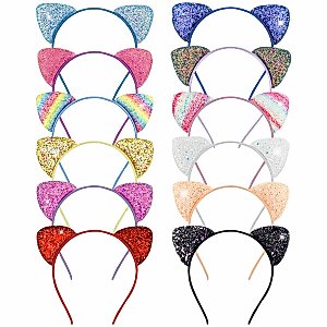 12 Pack Glitter Headbands with Sequin Cat Ears for Girls and Women - Cute Hair Accessories for Daily Wear and Party Decoration (Multicolor)
