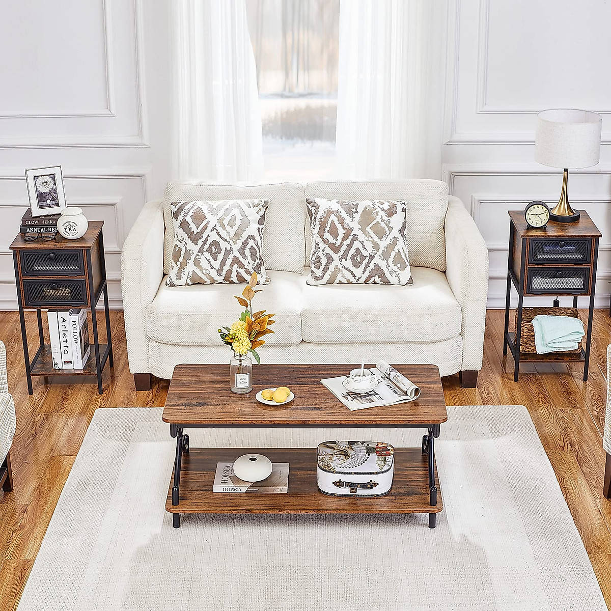 VECELO Coffee Table with Storage and Open Shelves for Living Dining Room 39-Inch, Modern Rectangle & Industrial Design, X-Shape Frame, Brown