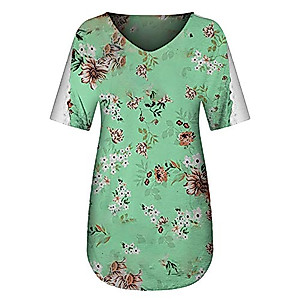 wodceeke Women's Lace Short-Sleeved Floral T-Shirt V-Neck Plus Size Stitching Tee Summer Casual Sports Top (Green, XL)