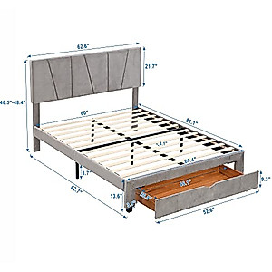 P PURLOVE Queen Size Upholstery Platform Bed with One Drawer Under Bed,Storage Upholstery Platform Bed Frame with Adjustable Headboard and Slat, No Box Spring Need