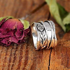 Boho-Magic 925 Sterling Silver Spinner Ring for Women Rose Flower Fidget Anxiety Relief Wide Band (6)
