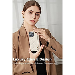 ZVE iPhone 13 Pro Max Case with Strap, Luxury Shockproof Quilted Leather Case with Stand for Women Cover Case Compatible with Apple iPhone 13 Pro Max, 6.7 Inch-Beige