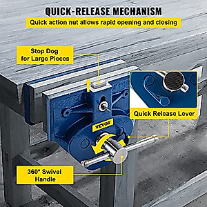 VEVOR Woodworking Vise, 9 Inch Woodworking Bench Vise Heavy-Duty Cast Iron Wood Working Vise, Quick Release Woodworker's Vise 10" Jaw Opening, Front Screw Vise for Woodworking, Cutting, and Drilling