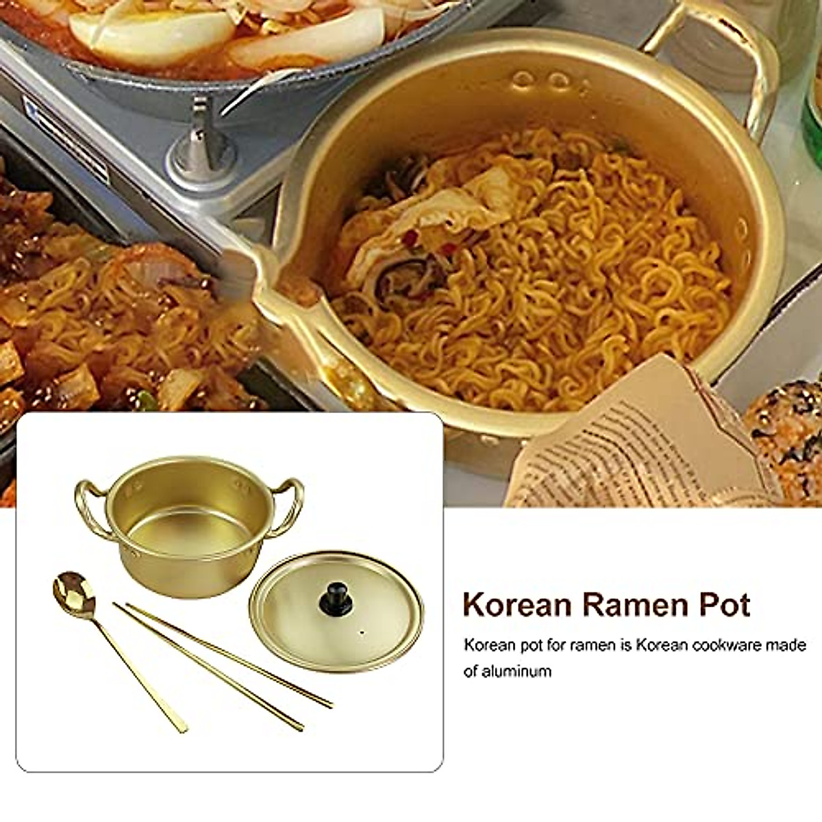 20cm Korean Ramen Cooking Pot with Spoon Chopsticks Lid Ramen Pot Fast Heating Instant Noodle Soup Korean Korean Ramen Noodle Pot Fast Heating For Kitchen Cookware(Gold)