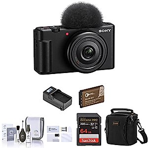 Sony ZV-1F Vlogging Camera, Black Bundle with 64GB SD Card, Shoulder Bag, Extra Battery, Charger, Screen Protector, Cleaning Kit