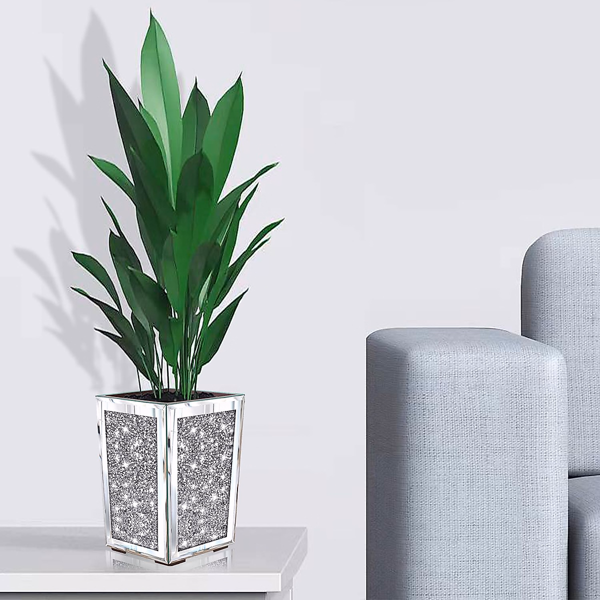 Meetart Crushed Diamond Mirrored Planter, Crystal Silver Glass Decorative Mirror Luxury Flower Pot ，with Drainage Hole and Tray for All House Plants, Succulents, Flowers, and Cactus.