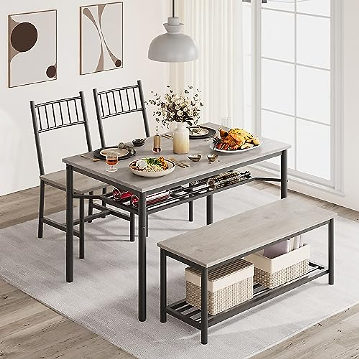 IDEALHOUSE Dining Table Set for 4, Kitchen Table and 2 Chairs with Storage Bench, 47.2" Rectangular Kitchen Table Set with Wine Rack, Dining Room Table Set for Small Space, Apartment, Rustic Gray