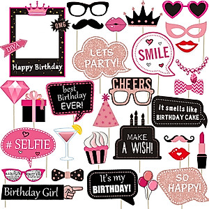 31pcs Hot Pink Girls Birthday Photo Booth Props Happy Birthday Party Favors Supplies Bday Party Decoration Set for Bachelorette Party Decoration Pink Girls Birthday Bridal Shower Pink Party Supplies