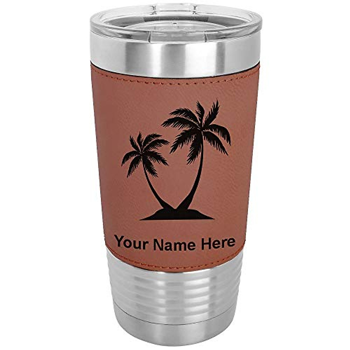 LaserGram 20oz Vacuum Insulated Tumbler Mug, Palm Trees, Personalized Engraving Included (Faux Leather, Dark Brown)