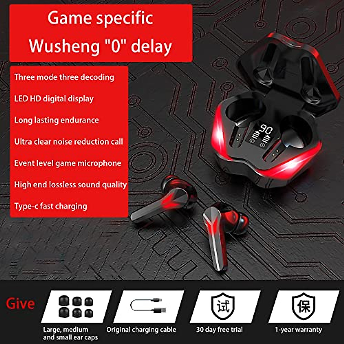 NA# Wireless Bluetooth Digital Display Game Headset - Low Delay in Ear Light Effect Music/Game Mode with Charging Case - Light-Weight Earbuds for Running Outdoor Office Driving Travel Sports