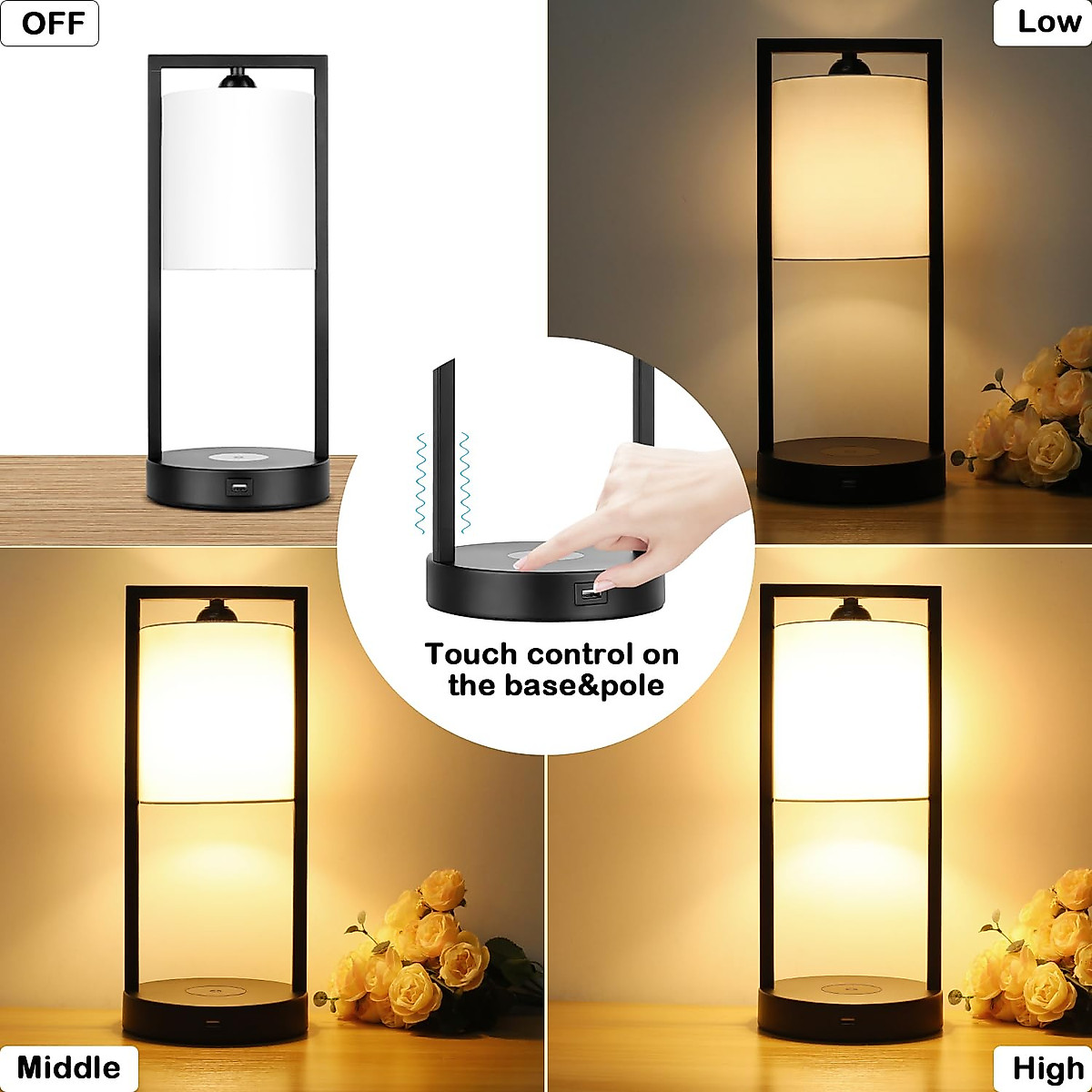 TOBUSA Wireless Charging Touch Control Table Lamps Set of 2, Bedside Nightstand Lamps White Fabric Shade, Modern Dimmable Desk Lamps for Bedroom Living Room Office Warm White E26 Bulbs Included