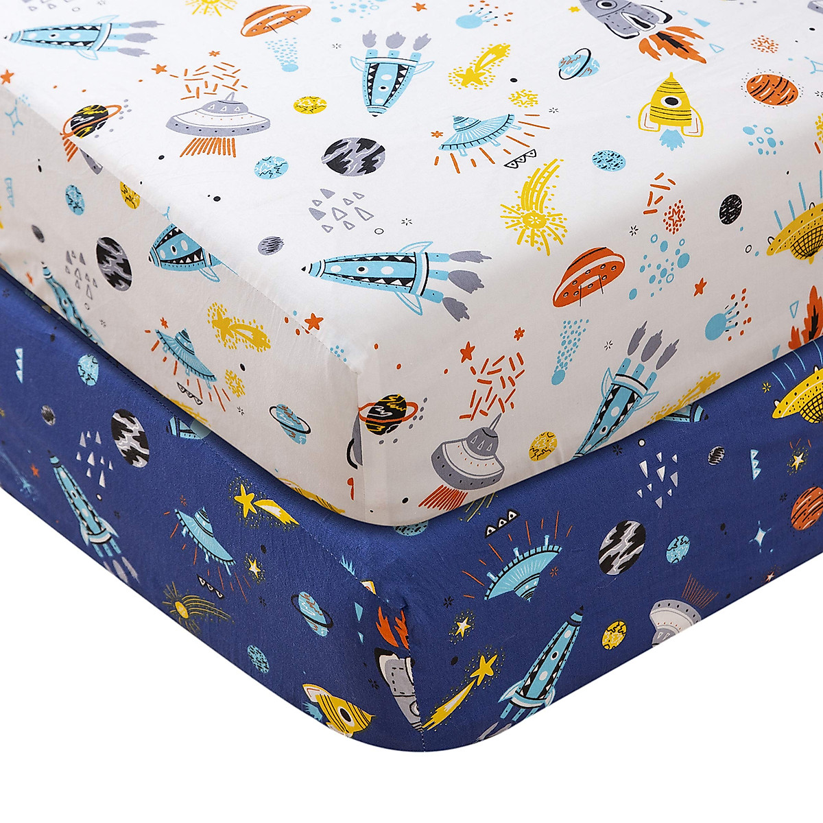 Brandream Baby Boys Crib Sheet Sets Outer Space, Rocket & Planet Fitted Crib Sheets,2 Pack Navy/White Baby Infant Newborn Crib Mattress Sheet 100% Cotton,Galaxy Theme