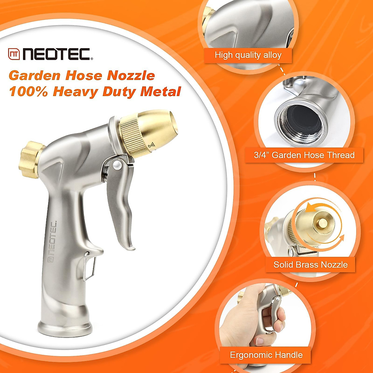 NEOTEC Upgrade 100% Heavy Duty Metal Garden Hose Nozzle，High Pressure Water Hose Nozzle with 4 Spray Patterns Rotating for Outdoor Lawn & Garden Watering, Car & Pet Washing