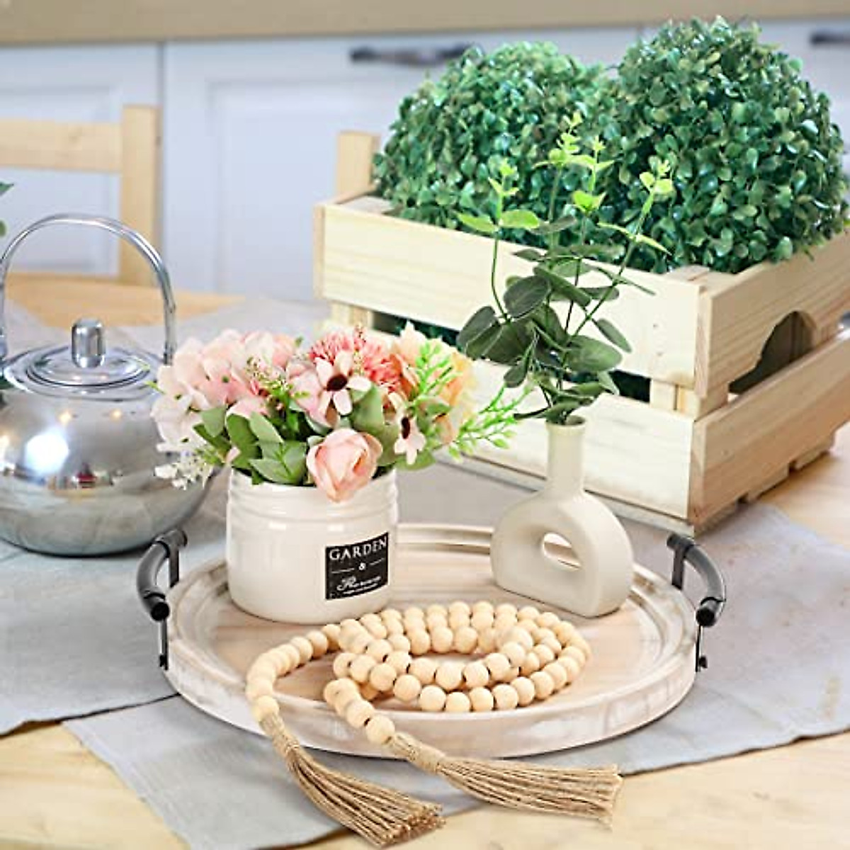 Round Wood Tray/w Wood Bead Garland - 13" Decorative Trays for Home Decor - Round Wooden Tray with Handles - Wooden Round Tray for Kitchen Counter.