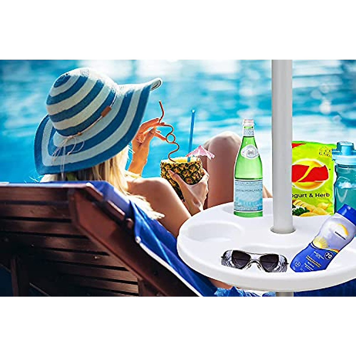 AMMSUN 13" Beach Umbrella Table Tray for Beach, Patio, Garden, Swimming Pool with Cup Holders, Snack Compartments White