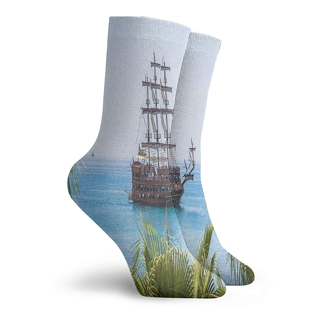 Pirate Funny Compression Socks Women and Men,Sailing Yacht In Clear Blue Sea Palm Trees Sunny Summer Day Exploration,Best for Circulation,Running,Athletic,Nurse,Travel,Brown Pale Blue Green -12 inch