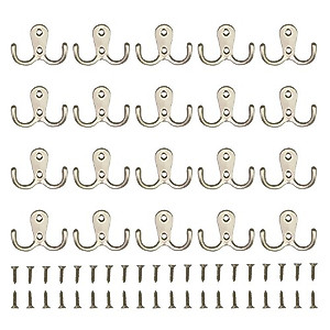 HOVEOX 20 Pcs Double Prong Robe Hook Retro Towel Cloth Hanger Wall Hat Jewelry Hooks Rustproof Rustic Hooks Heavy Duty Hardware Decorative Utility Hooks & 40 Pcs Screws & a Free Screwdriver, Silver