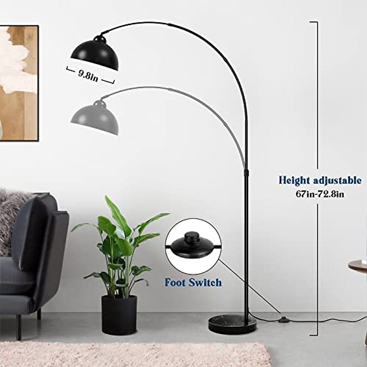 Modern 73" Arc Floor Lamp with Metal Hanging Dome Shade, Industrial Adjustable Over the Couch Stand Up Light, Marble Base Farmhouse Tall Task/Reading Standing Lamp for Living Room Bedroom Office Black