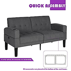 TYBOATLE Linen Upholstered Modern Love Seats Sofa with 2 USB, Fabric Loveseat Furniture w/Removable Armrests, 2 Cup Holders, Suitable for Compact Living Space, Apartment, Dorm (Dark Grey)