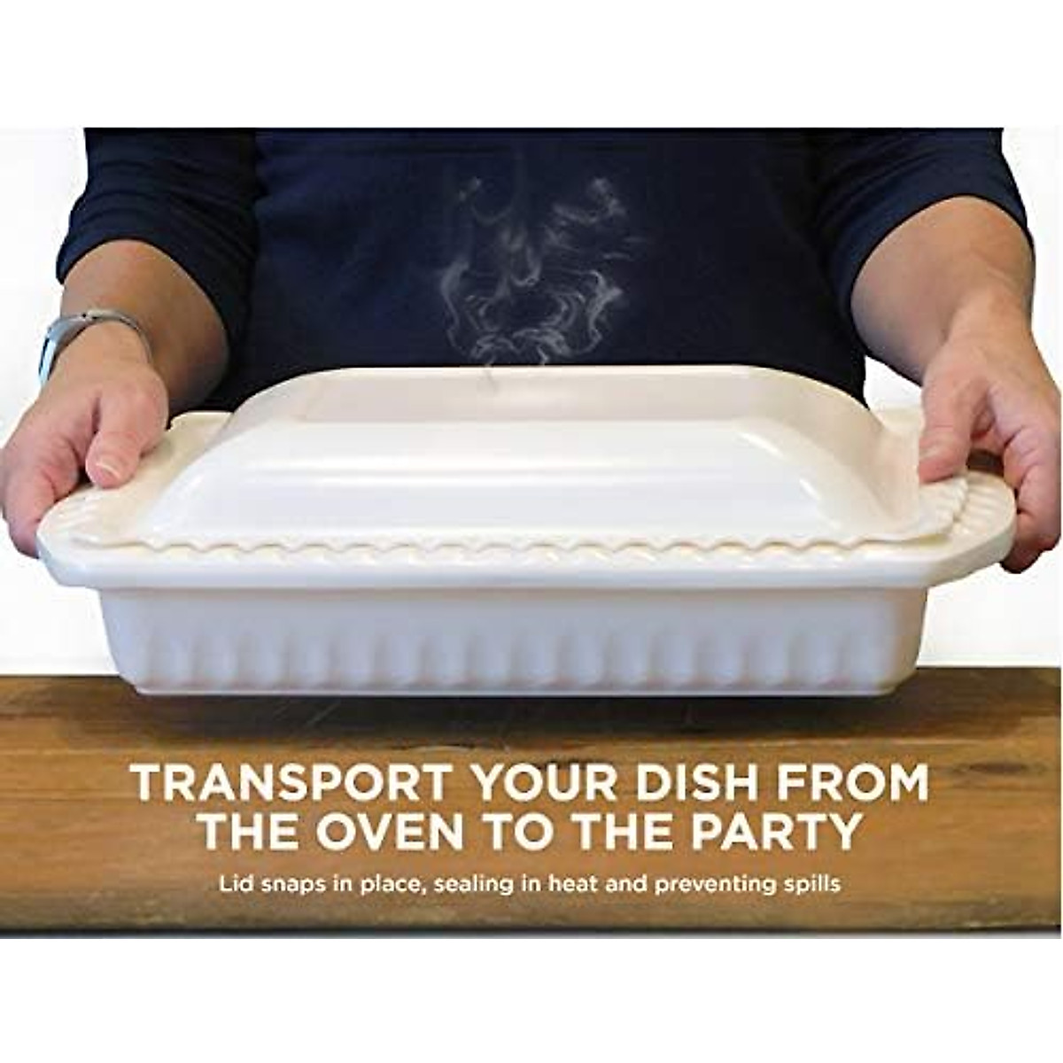 Foil Decor Foil Pan Holder with Lid, 9x13x2 Foil Pan Carrier w/Heat Resistant Handles, Foil Pan Supporter w/Lid, Includes 1 Foil Pan, Made in the USA Travel Serving Dish - White