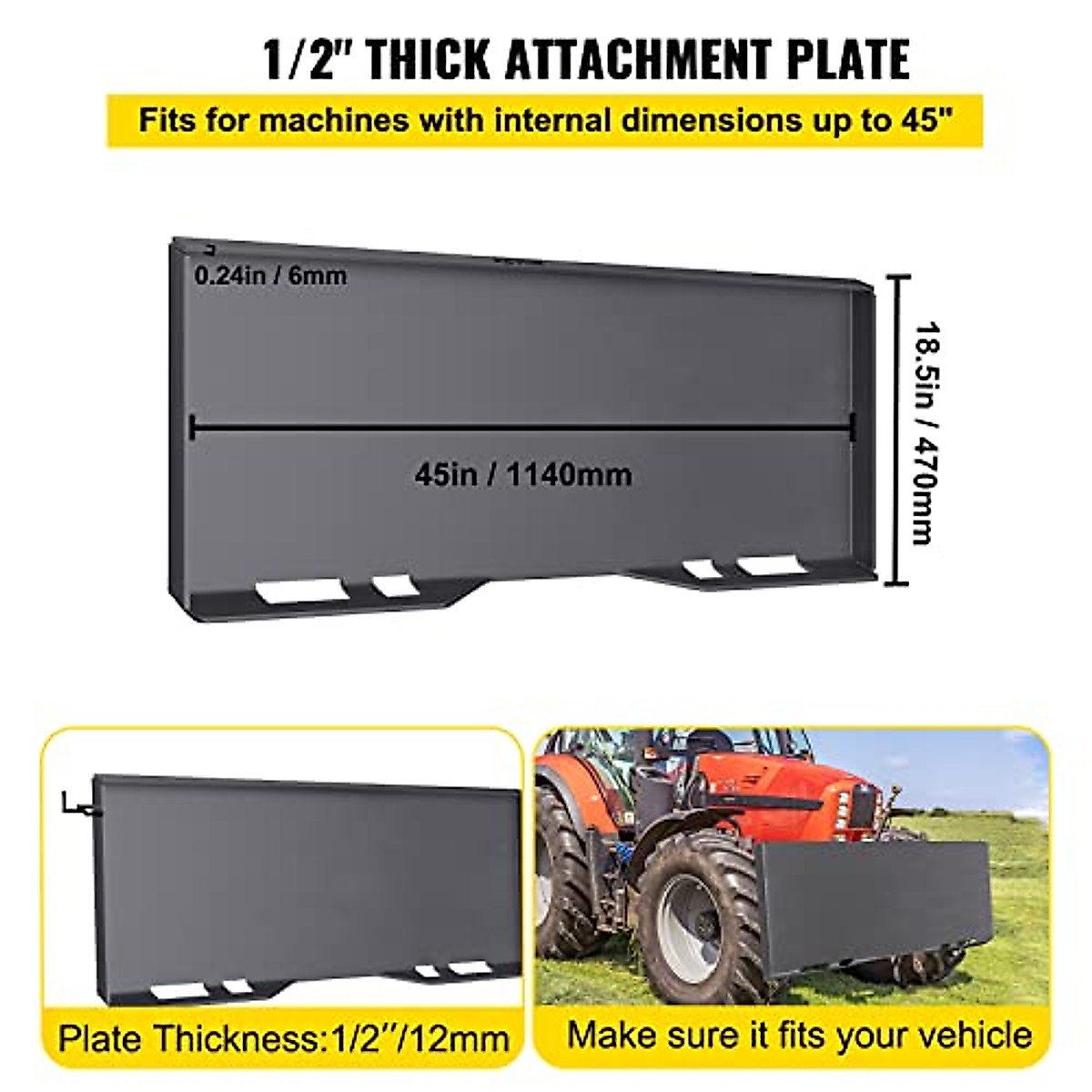 VEVOR 1/2" Skid Steer Attachment, Universal Quick Attach Mount Plate Compatible with Buckets, Plows, Forks and Tractors, Black