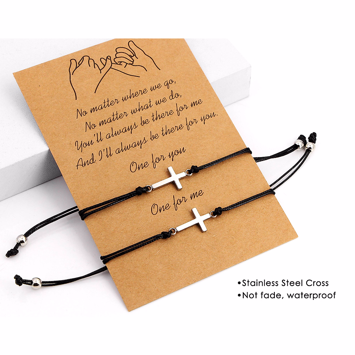 Me&Hz Pinky Promise Silver Cross Matching Friendship Couples Strand Bracelets for Women Girls Men Best Friends Boyfriend Girlfriend Adjustable Leather Cross Bracelet 2 Pack