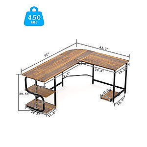 Teraves Reversible L Shaped Desk with Large Surface, 61 Inch Sturdy Corner Desk with Storage Shelves, Premium Office Computer Desk Workstation for Home Office Gaming