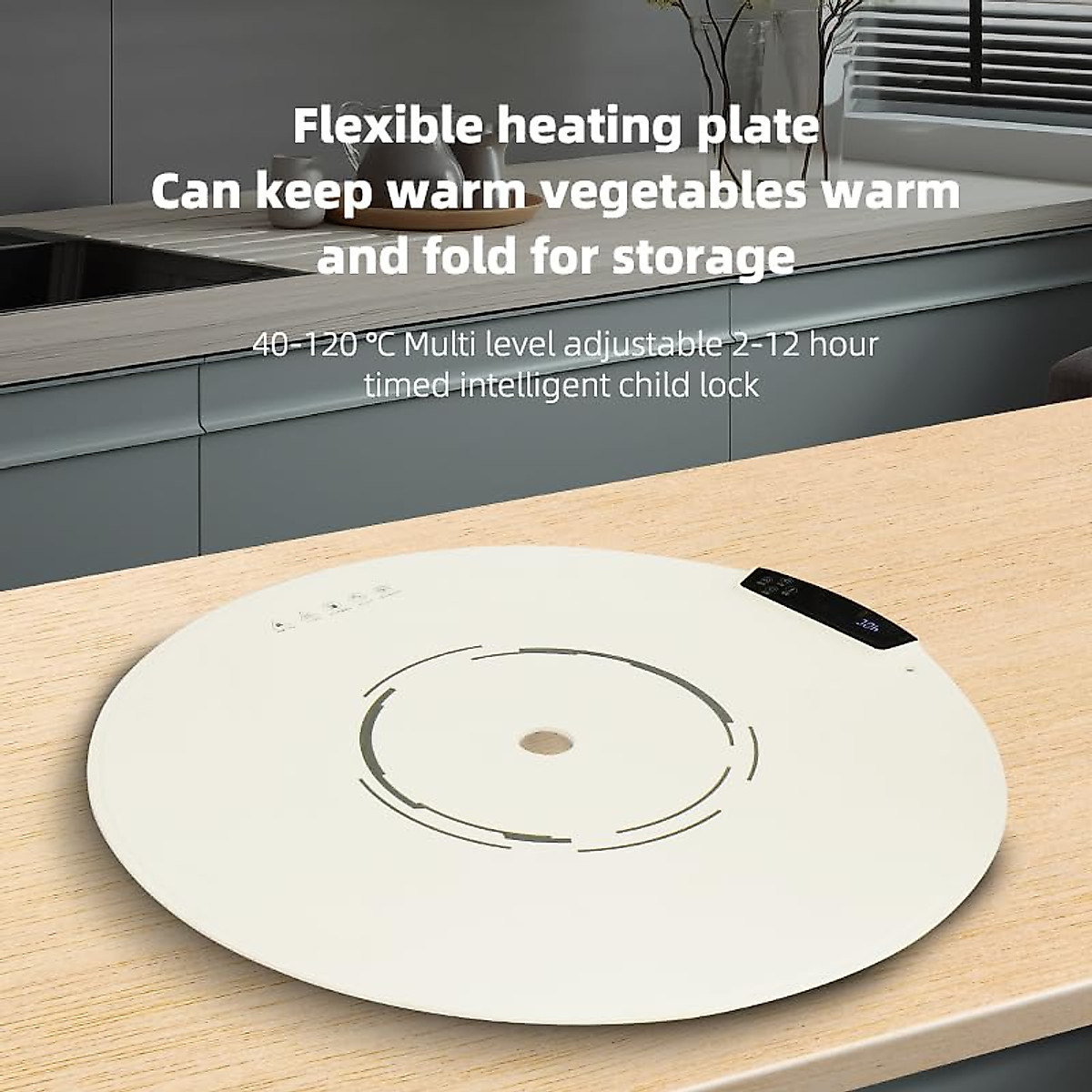 Portable Electric Round Warming Tray, Foldable & Roll up Silicone Heating Mat Pad for Food, Flexible Plate Warmer for Kitchen Travel Party,10s Fast Heating, Adjustable 9 Temperature Setting (Round)