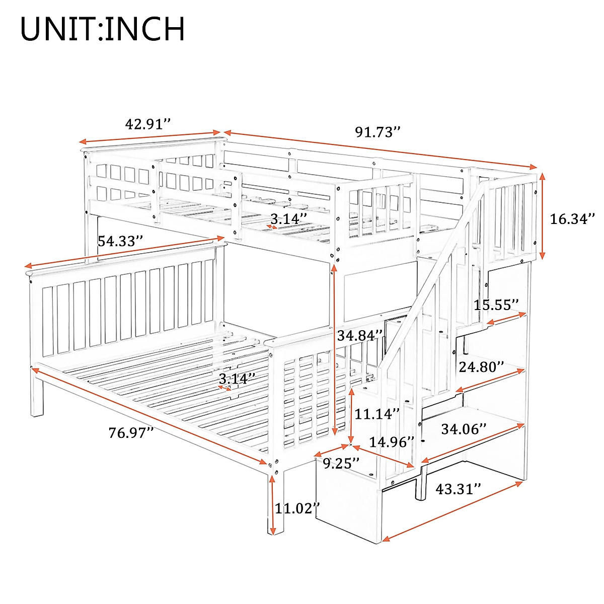 LostCat Twin Over Full Bunk Bed, Solid Pinewood Bunk Bed with Storage Staircase and Safety Guardrails for Kids/Teens/Adults,Can Be Separated Into Twin/Full Size Bed, White