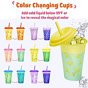 Meoky Color Changing Reusable Cute Cups with Lids and Straws Bulk - 6 Pack 12 oz Plastic Tumblers for Kids Girls Boys Party Smoothie (Childhood)
