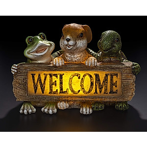 VP Home Backyard Friends Welcome Sign Frog Rabbit Turtle Solar Powered LED Outdoor Decor Garden Light Welcome gnome Statues Outdoor gnome decor Funny Figurine Decor for Outside Patio, Yard, Lawn