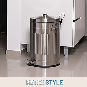 AWENN Step Trash Can with Lid and Pedal 20 Liter / 5.3 Gallon, Vintage Garbage Bin for Kitchen, Office, Home, Pet Waste Container - Retro Metal Wastebasket W/Step Pedal, Silver