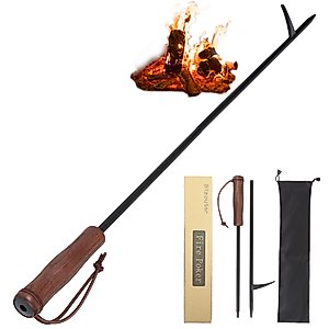 BIZOUTER Fire Poker 34inch 2 in 1 Foldable Fire Poker & Blow Stick Fireplace Tool with Wooden Ergonomic Handle, Portable Fire Pit Poker for Campfire,Wood Burning Stove & BBQ