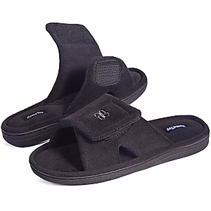 HomeTop Men's Comfortable Coral Velvet Memory Foam Open Toe Slipper Summer Indoor Outdoor Anti-Skid House Shoes with Adjustable Hoop and Loop(11-12, Black)