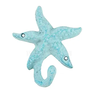 Cast Iron Starfish Bathroom Door Towel Hanger Nautical Key Towel Coat Hook Blue 3 1/2 inches wide Handmade Wall Artisan Art Vintage Decor For Home