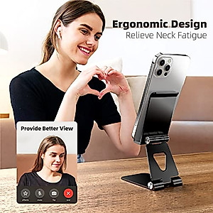 TOPGO Cell Phone Stand, [Stable & Height Adjustable] Foldable Cellphone Holder for Desk, Office Desktop, Bedside Table, Compatible with iPhone 14/Samsung/Smartphones/iPad Mini/Kindle (Black)