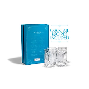 Vintage Art Deco 1920s Highball Cocktail Glasses | Set of 4 | 14 oz Tall Crystal Tumblers for Drinking Mojito, Whiskey Highball, Gin Rickey, Classic Long Bar Drinks | Large Hiball Glassware
