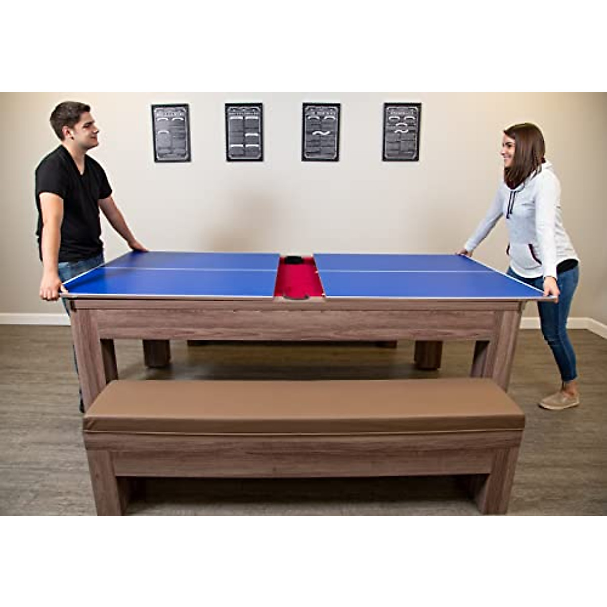 Hathaway Newport 7-ft Pool Table Tennis Combination with Dining Top, Two Storage Benches with Accessories - Driftwood