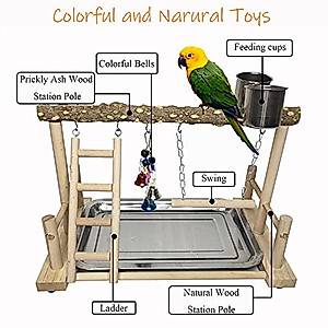 PINVNBY Bird Playground Parrot Playstand Birds Play Stand Wood Exercise Perch Gym Stand Playpen Ladder with Feeder Cups Hanging Swing Toys for Parakeet Conure Cockatiel Budgie Cage Accessories