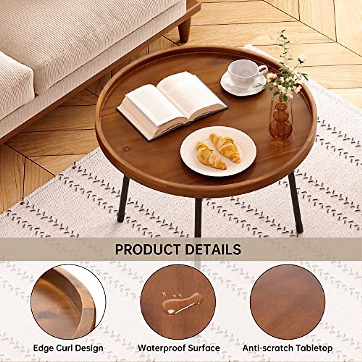 Yoimori End Table, 23 inch Wooden Round Coffee Table Nightstand with Tray and Metal Stand, Accent Table Ideal for Living Room Bedroom Office Small Spaces Indoor Outdoor