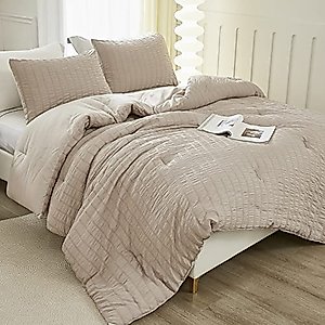 Litanika Full Size Comforter Set Khaki, 3 Pieces Lightweight Seersucker Bedding Comforters Sets, Soft Bed Set (79x90In Comforter & 2 Pillowcases)
