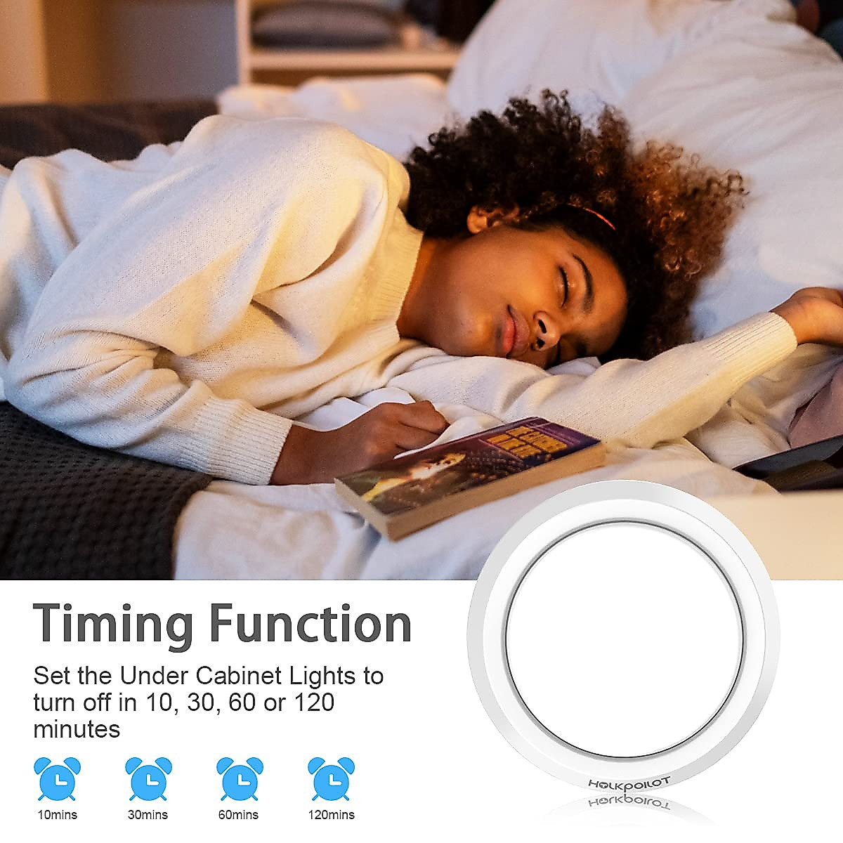 HOLKPOILOT Puck Lights with Remote Control, Under Cabinet Lighting Battery Operated, Under Counter Cabinet Puck Lighting, Kitchen Cabinet Lights Wireless Stick On Lights White (4pack)