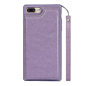 ShunJieTech for iPhone 7 Plus Case,for iPhone 8 Plus Case,[ Credit Card Holder & Slot Wallet Case ] Back Shell Leather Cover Shockproof Protective Case with Strap(5.5")-Purple