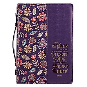 Christian Art Gifts Women's Fashion Bible Cover I Know The Plans, Purple/Gold Floral Faux Leather, Large